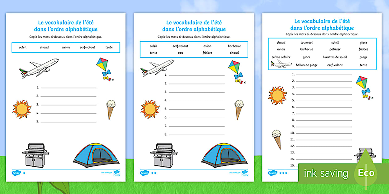 Feuille d'activités : Le vocabulaire de l'été dans l'ordre alphabétique