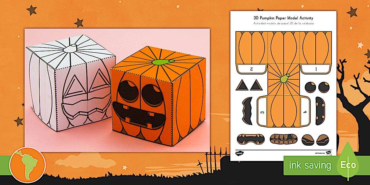 Simple Make Your Own 3D Pumpkin Halloween Paper Craft English/Spanish