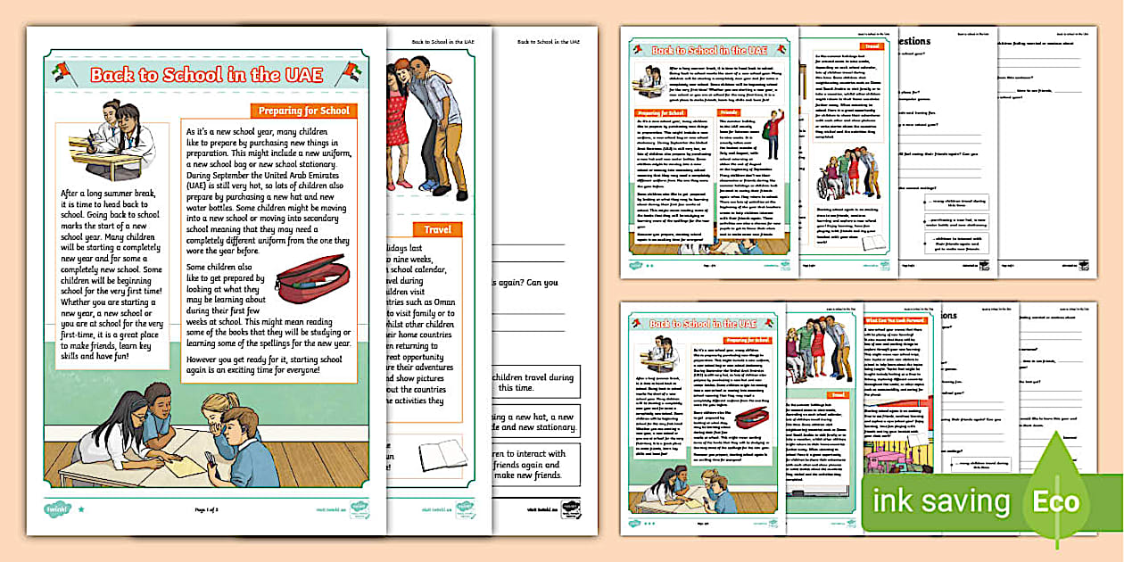 UAE Back to School Reading Comprehension (teacher made)