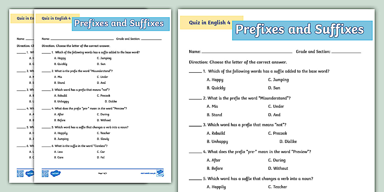 Grade 4 English Quiz - Prefixes and Suffixes (teacher made)