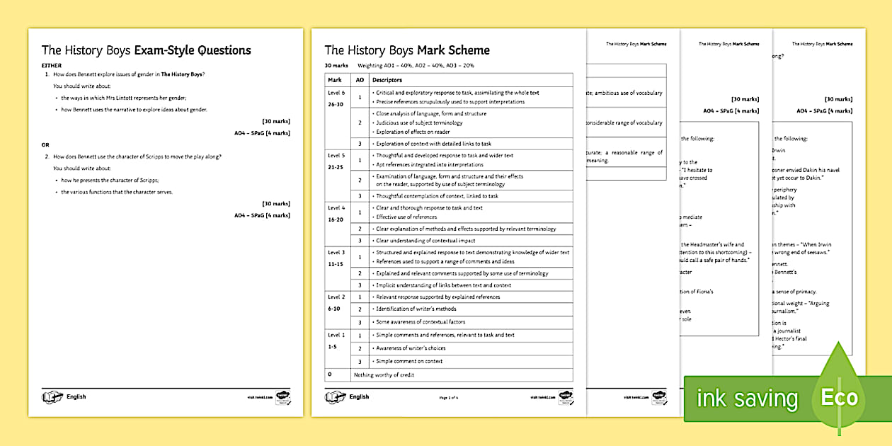 Editable The History Boys Exam Questions Pack - Twinkl