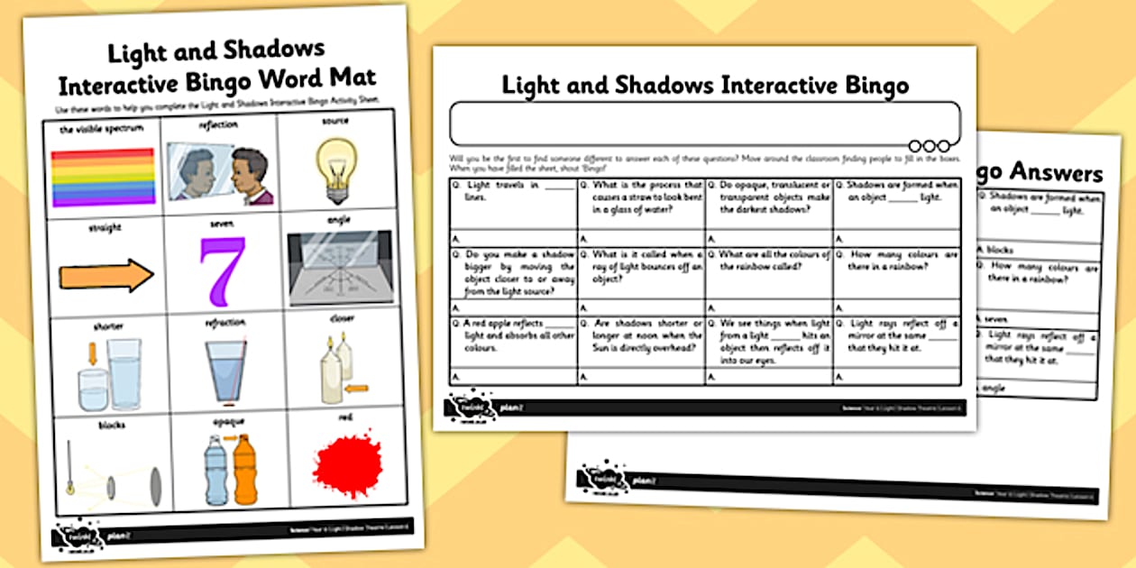 Worksheet / Worksheet Light and Shadows Interactive Bingo