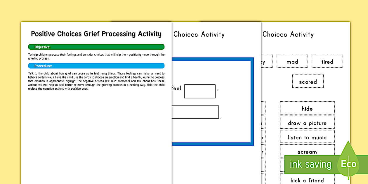 Black and White Grief and Positive Choices Worksheet