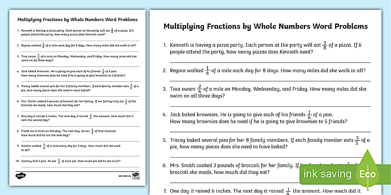 Editable Multiplying Fractions by Whole Numbers Word Problems