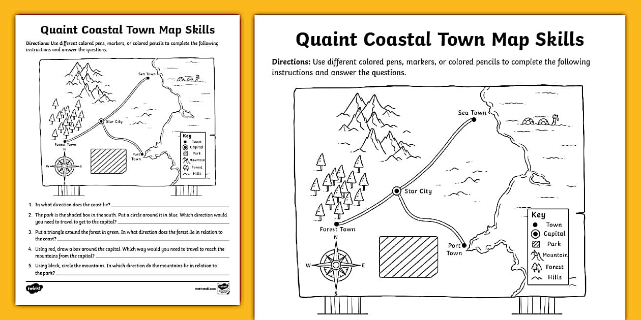 Fifth Grade Quaint Coastal Town Map Skills Worksheet