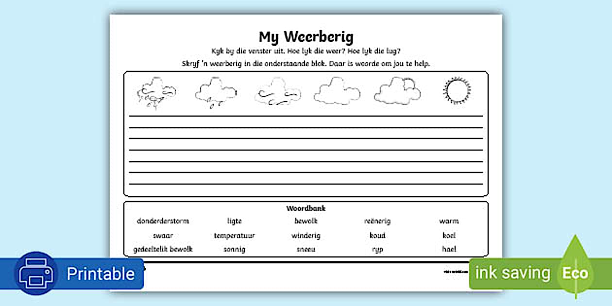 Weerberig in Afrikaans Graad 5 Aktiwiteitsblad - Twinkl