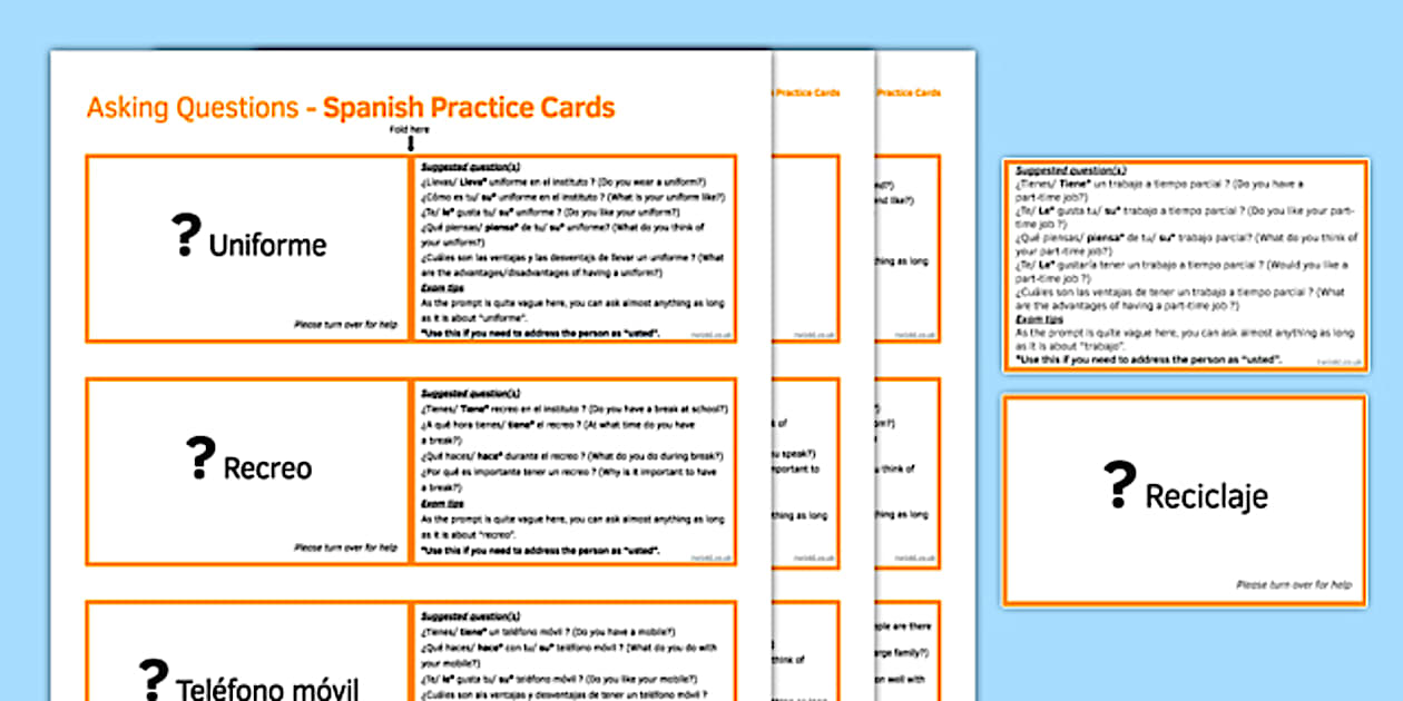 Editable GCSE Spanish Asking Questions Practice Cards