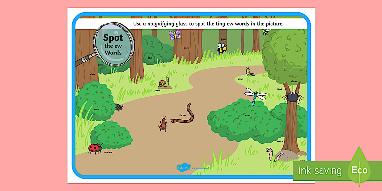 Black and White Phase 5 ew Words Minibeasts Scene Magnifying Glass ...