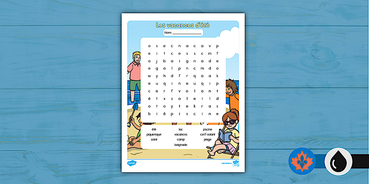 Summer Holidays Word Search Gr. 2 French (teacher made)