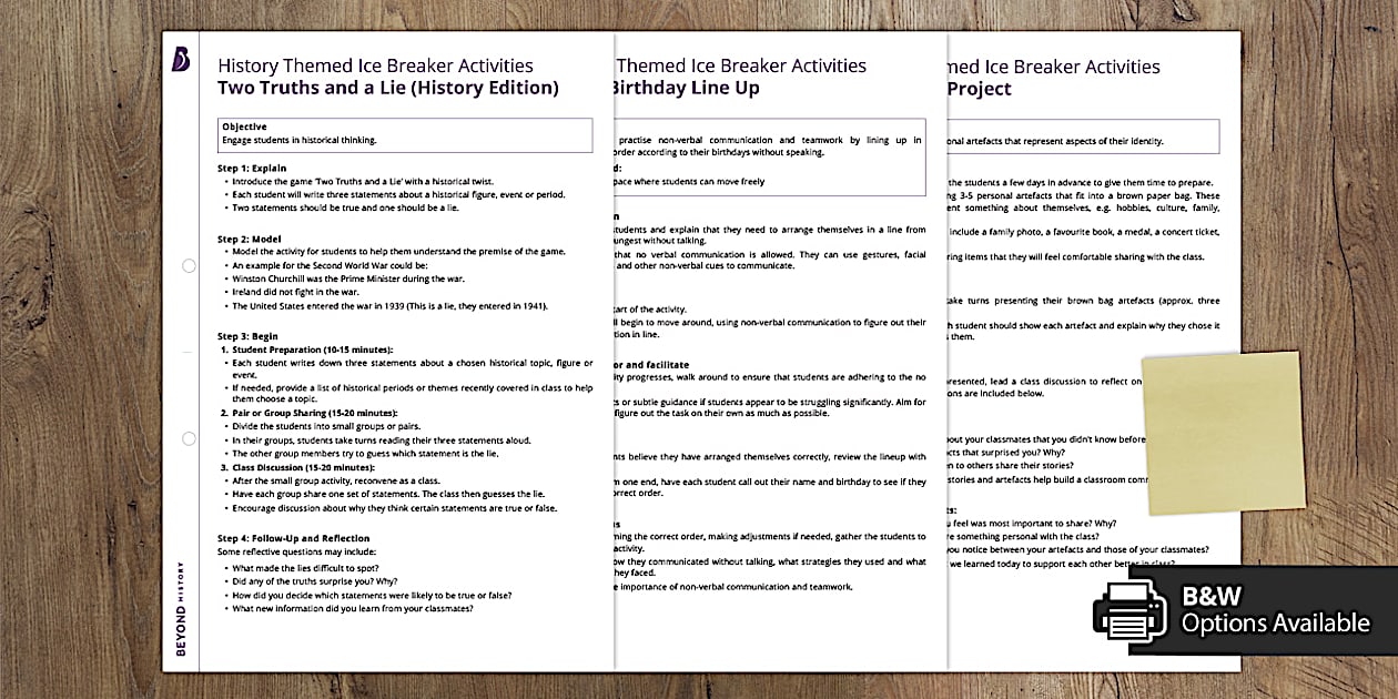 History Themed Ice Breakers Teacher Guide (teacher made)