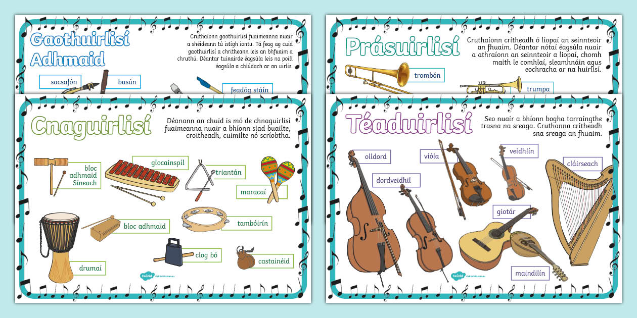 Music Class Instrument Families Display Posters - Gaeilge