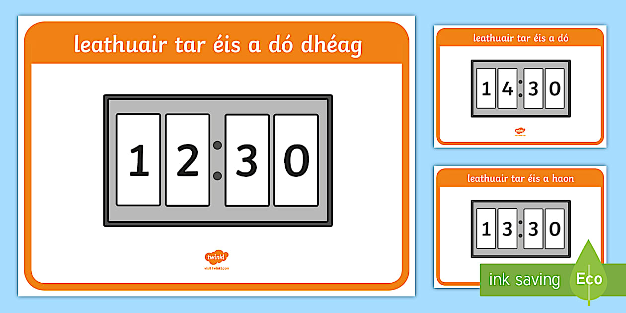 Digital 24 Hour Clocks - Half Past Display Posters Gaeilge
