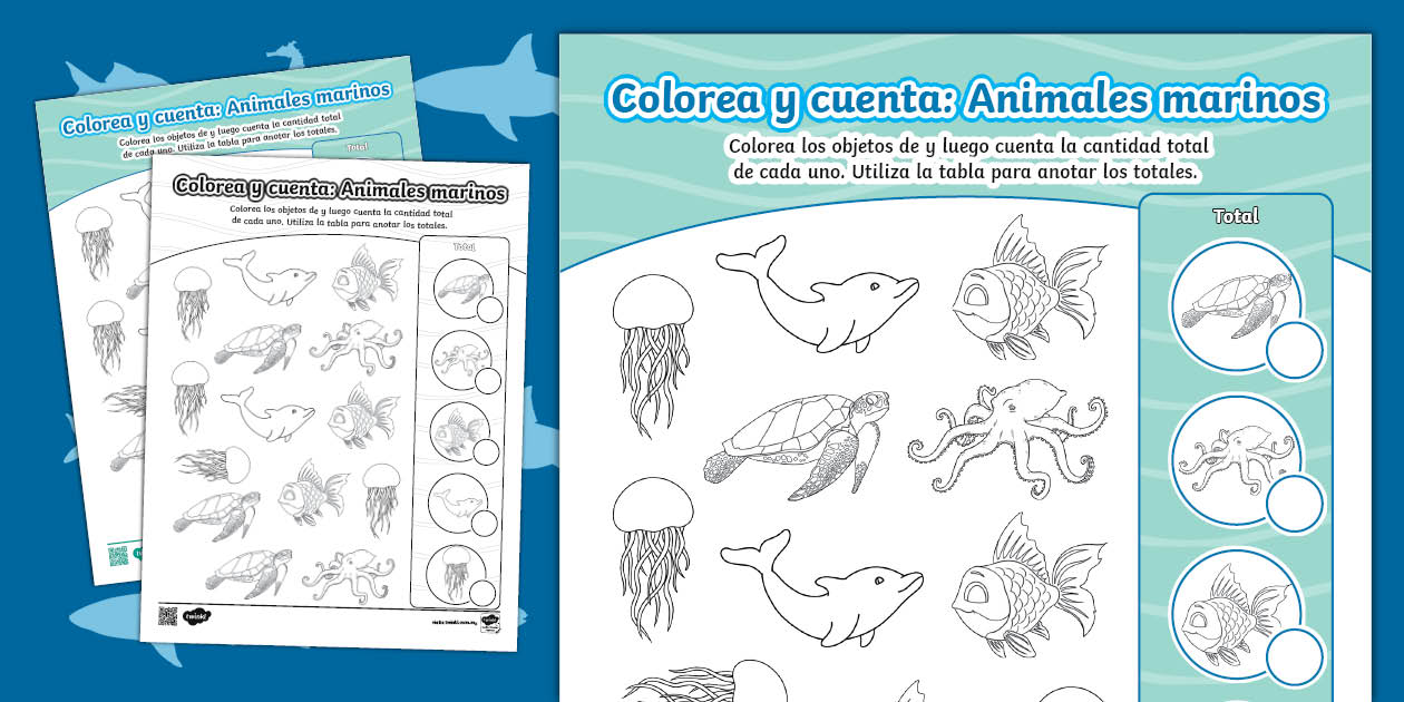Hoja de actividad: Colorea y cuenta - Animales marinos