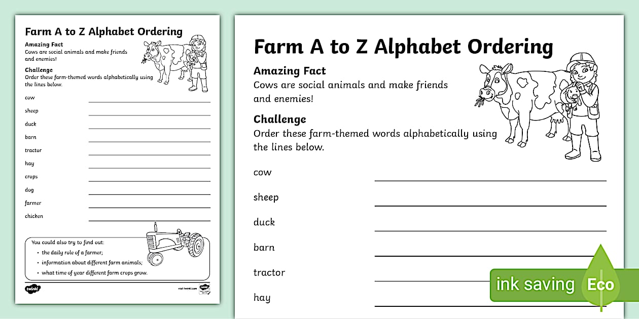 Farm Alphabetical Ordering Worksheet, Farm Word Ordering