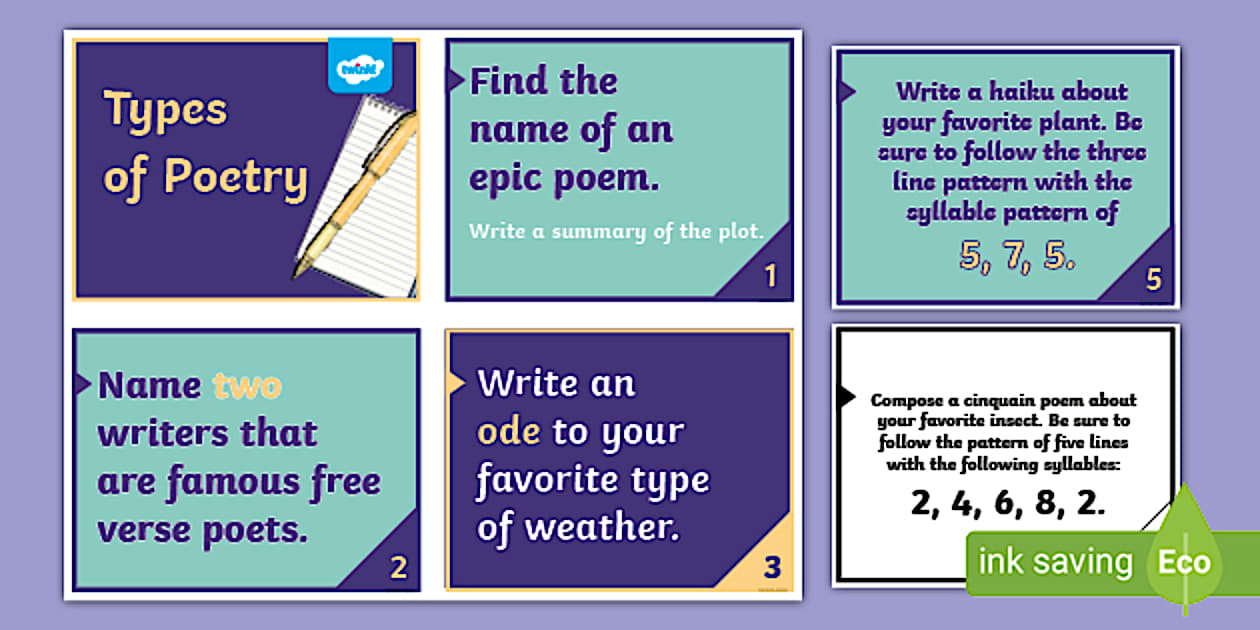 Printable Types of Poetry Challenge Cards | Twinkl USA