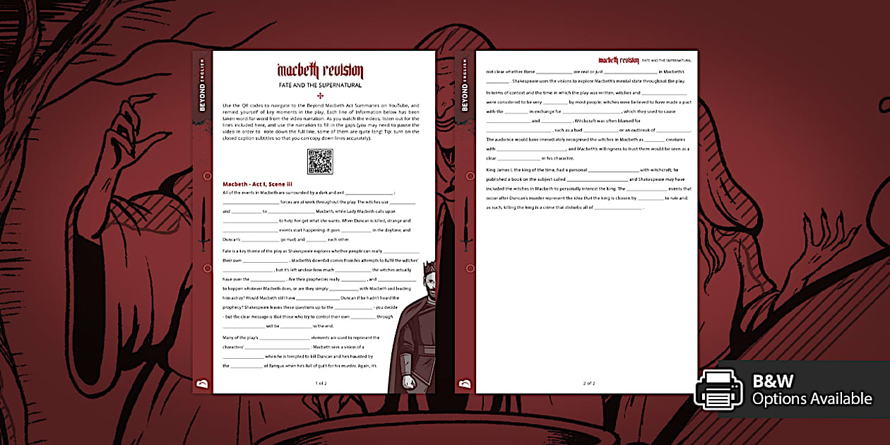 Macbeth: Fate and the Supernatural Cloze Activity - Twinkl