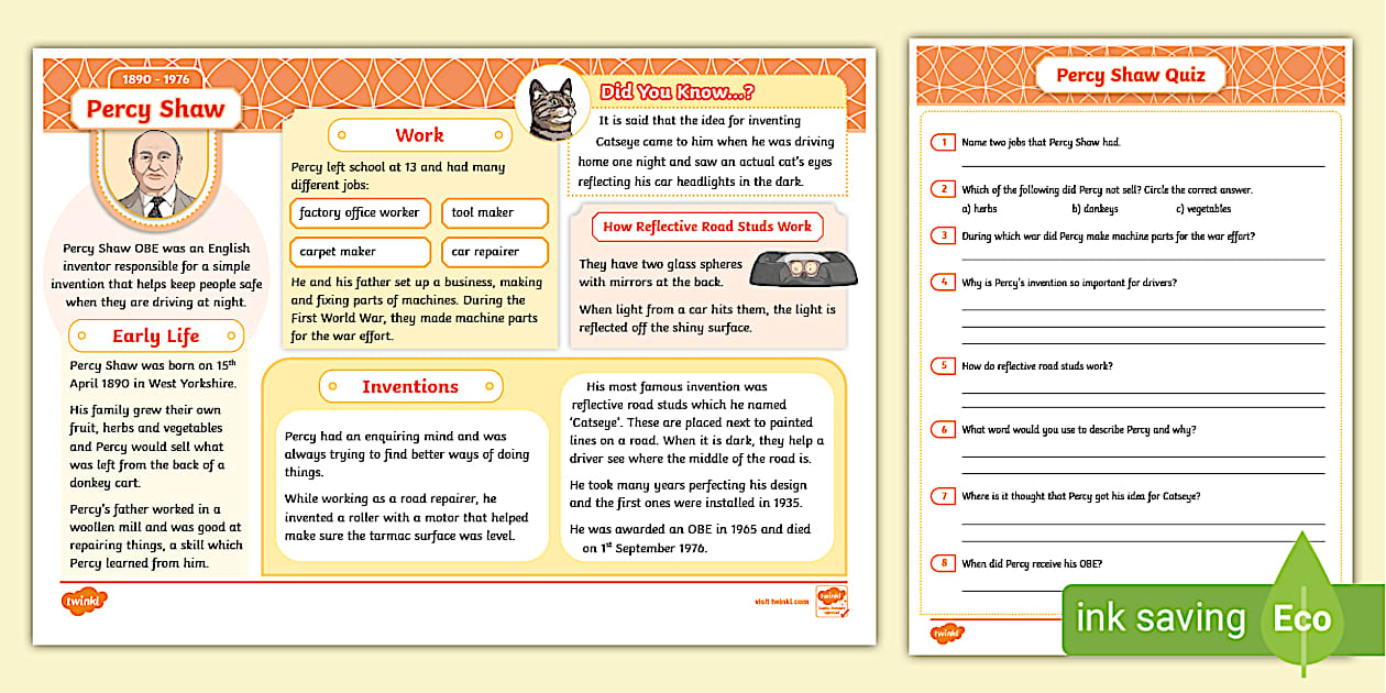 Percy Shaw Fact File and Quiz (l'enseignant a fait) - Twinkl
