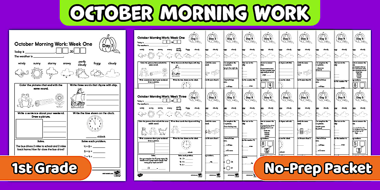 First Grade October Morning Work Bundle - Twinkl