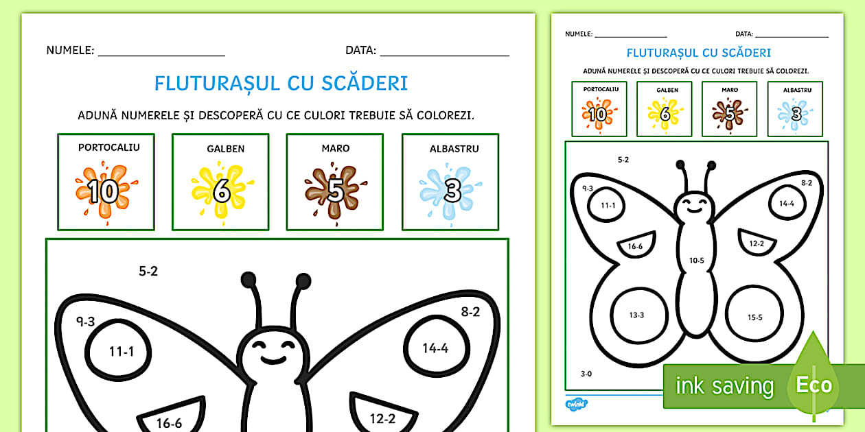 Fluturașul cu scăderi Fișă de activitate (Teacher-Made)