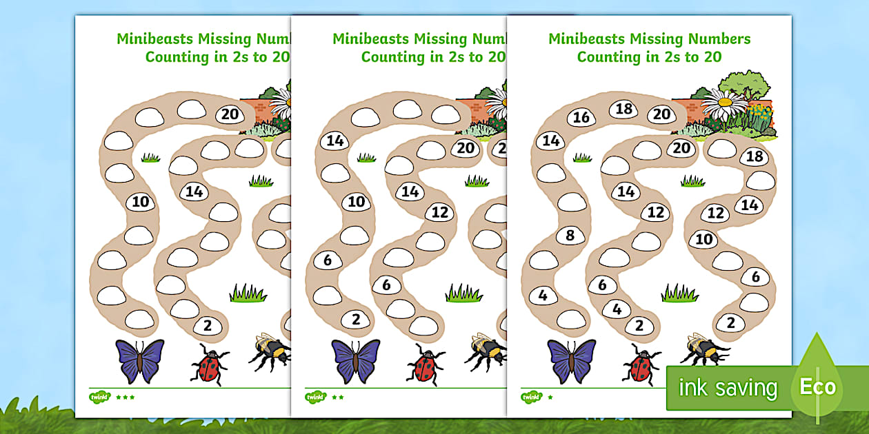 Differentiated Counting in 2s to 20 Minibeast Worksheet / Worksheets