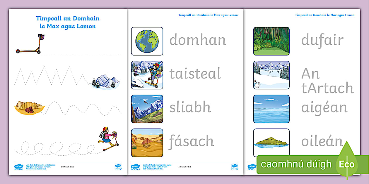 Around the World with Max and Lemon Handwriting Gaeilge