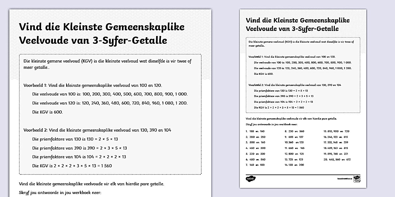 Graad 7: Vind die Kleinste Gemeenskaplike Veelvoude van 3-Syfer-Getalle