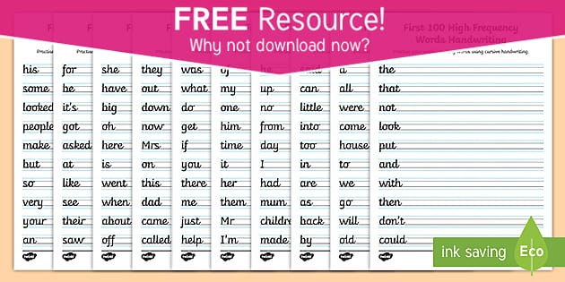 FREE! - First 100 High Frequency Cursive Writing Practice Sheets