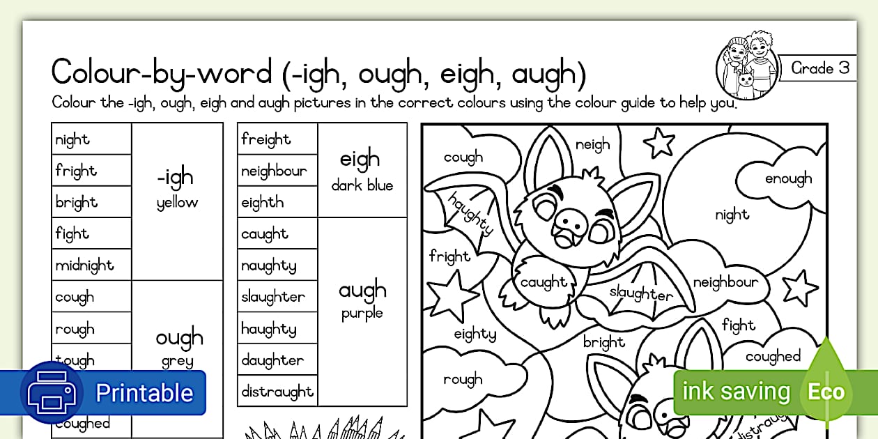Grade 3 Phonics Colouring Page --igh, -ough, -eigh, augh