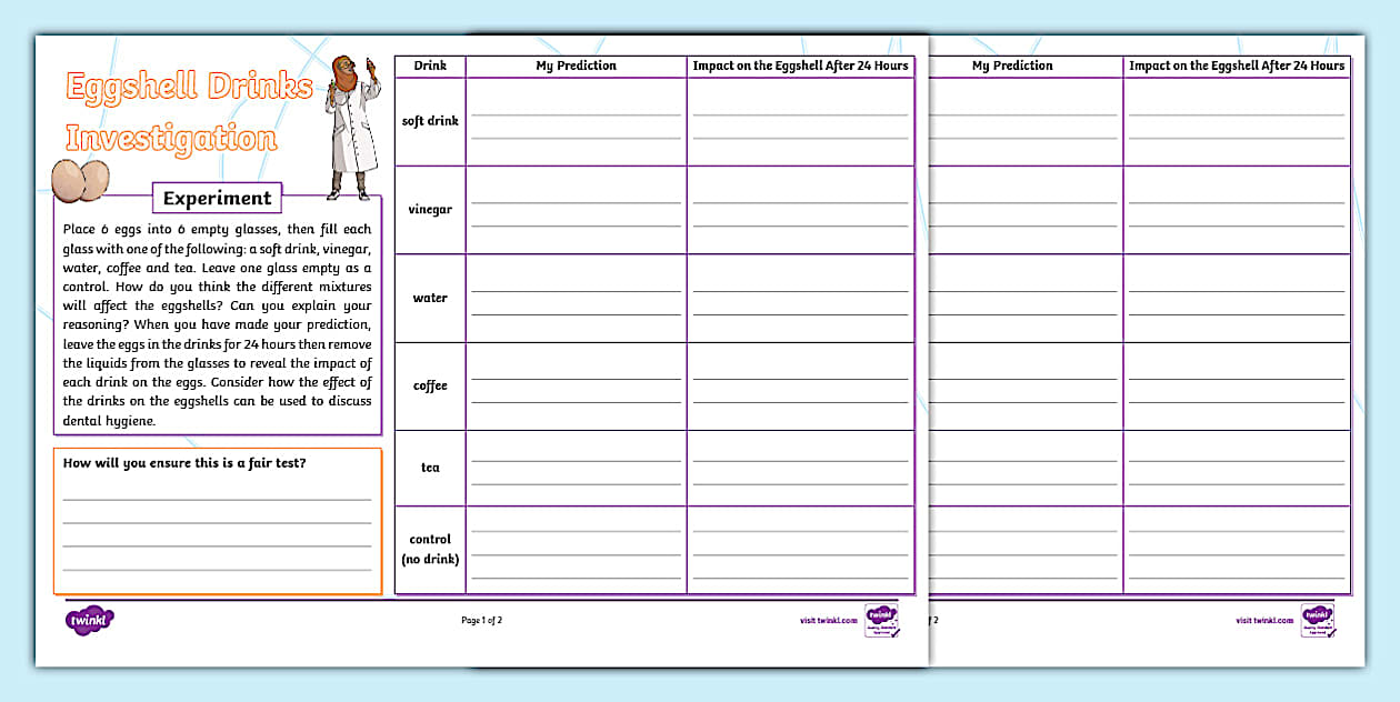 Eggshell Drinks Investigation Worksheet - Twinkl