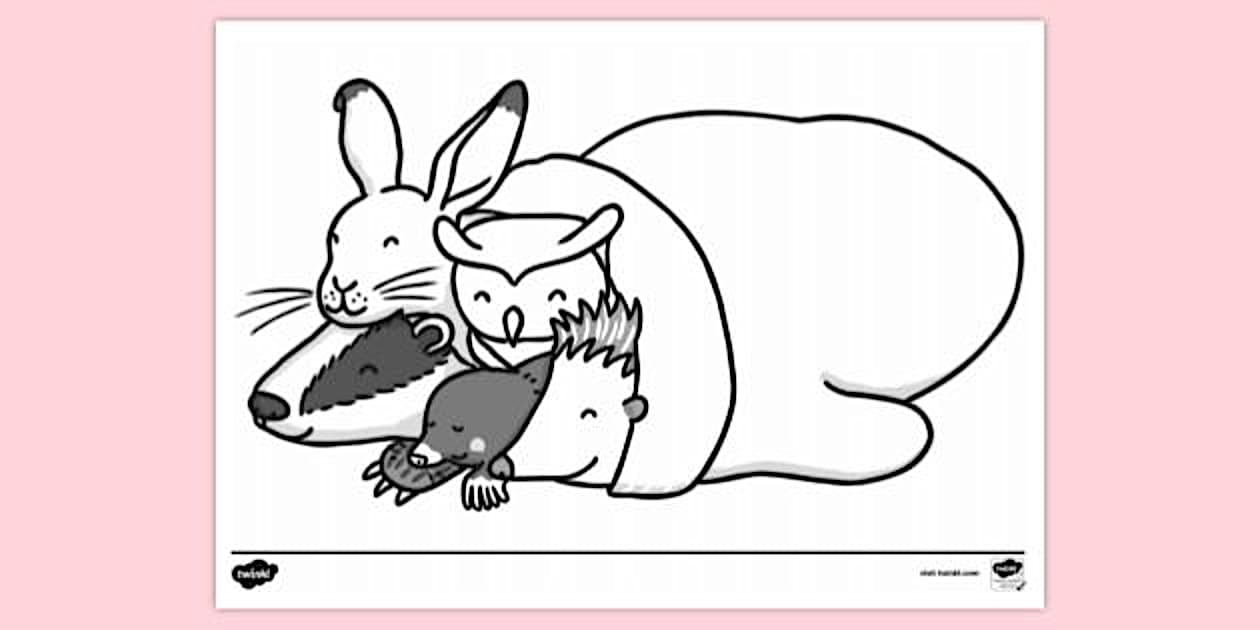 Mole Rabbit Hedgehog Badger and Owl in Mitten Colouring Sheet