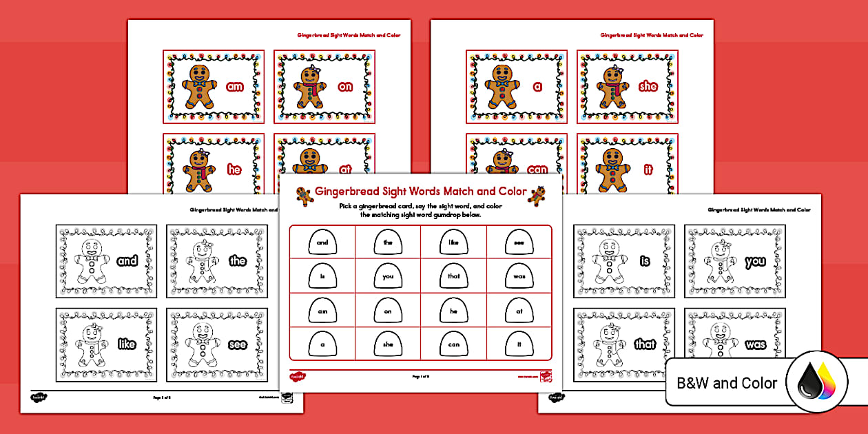 Kindergarten Gingerbread Sight Words Match and Color