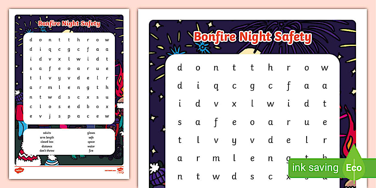 Bonfire Night Safety Word Search, Bonfire Night - Twinkl