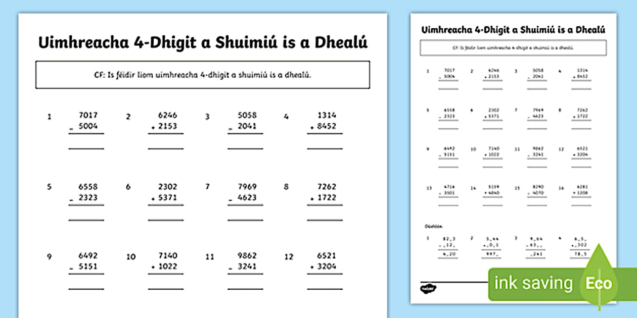 Adding and Subtracting 4-Digit Numbers without Renaming Worksheets Gaeilge