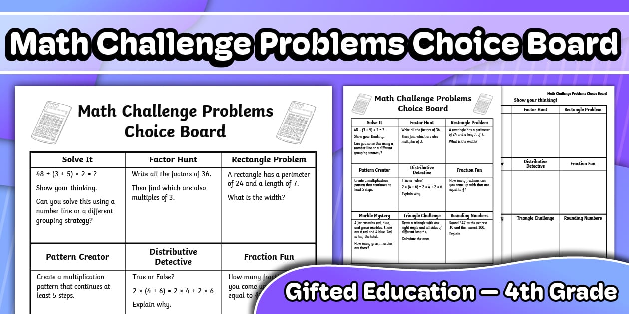 Math Challenge Problems Choice Board for Gifted Education
