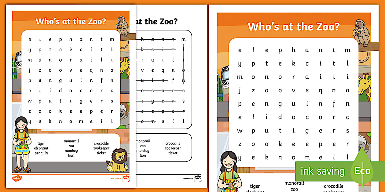Black and White Who's at the Zoo? Word Search - Twinkl
