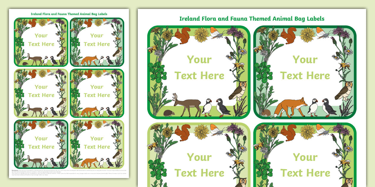 Ireland Flora and Fauna Themed Animal Bag Labels - Twinkl