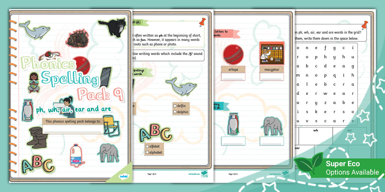 Year 1 Phonics Spelling Pack 9: ph, wh, air, ear and are
