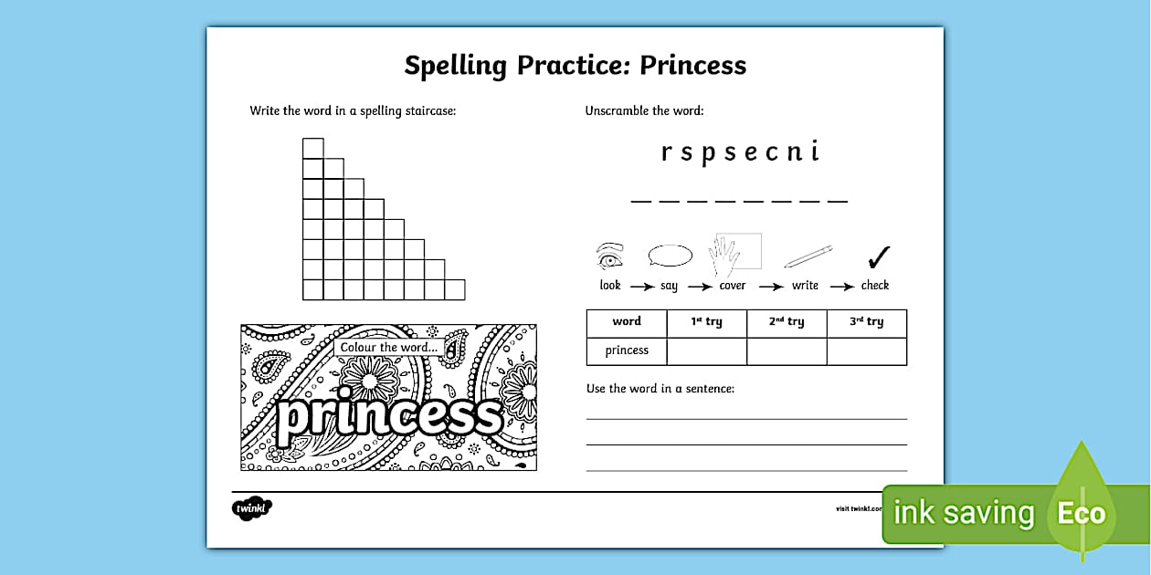 Princess Spelling Practice Worksheet (teacher made) - Twinkl