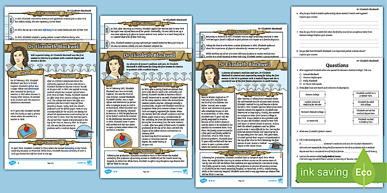 UKS2 Dr Elizabeth Blackwell Reading Comprehension Activity