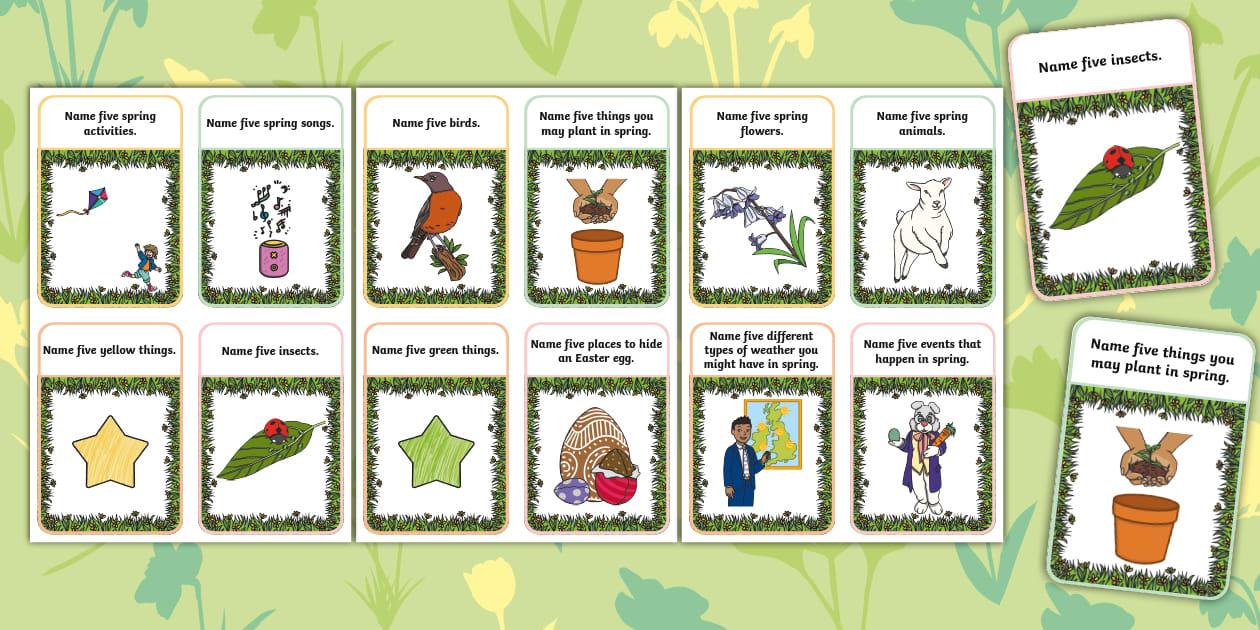 Name Five Spring Things Categories Card Game (teacher made)