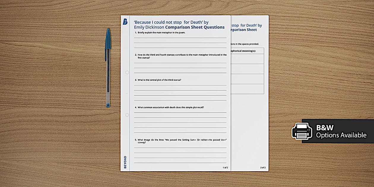 'Because I could not stop for Death' by Emily Dickinson Analysis Sheet
