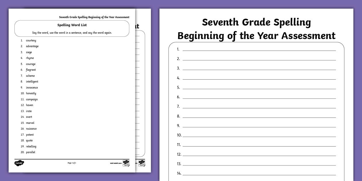 Seventh Grade Beginning of the Year ELA Spelling Assessment