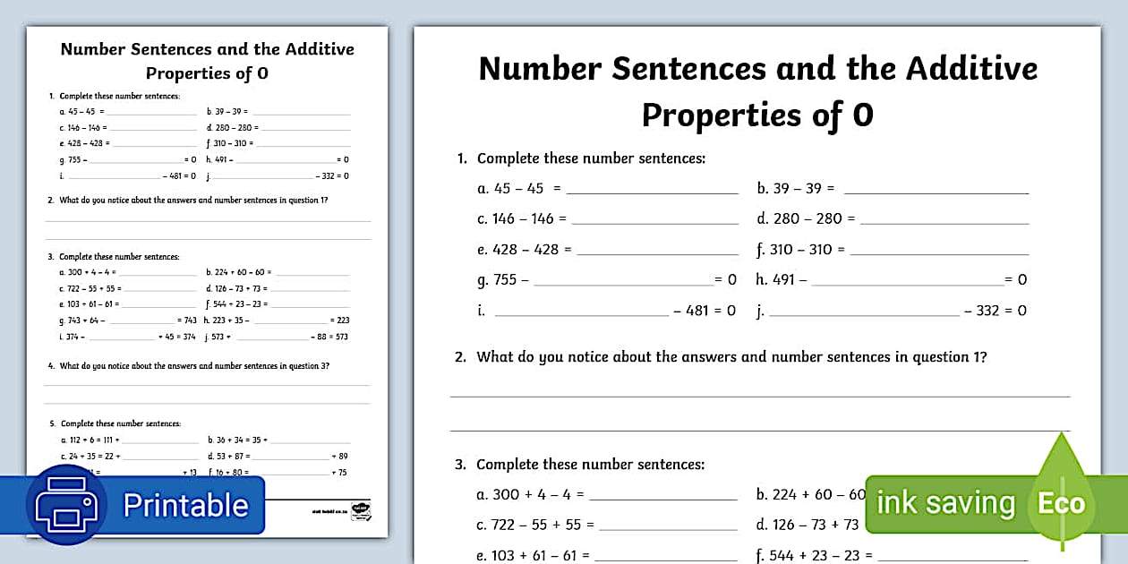 Number Sentences and the Additive Properties of 0 - Twinkl