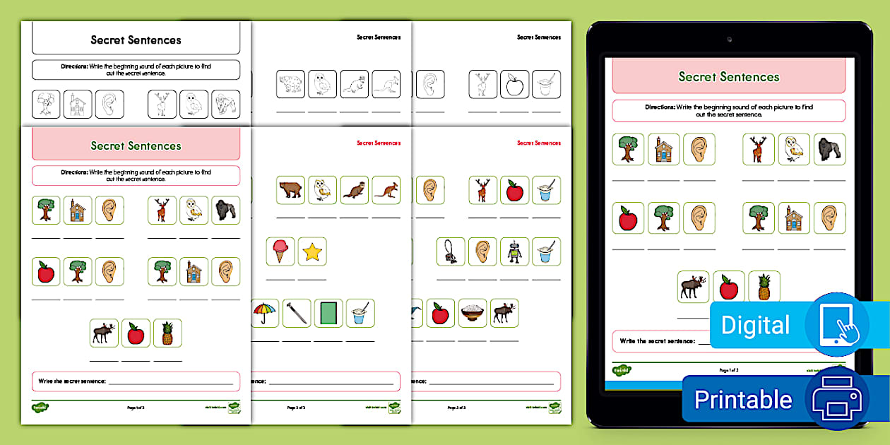 Secret Sentences Activity Sheets for K-2nd Grade - Twinkl