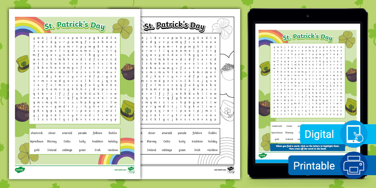 St. Patrick's Day Word Search 6th-8th Grade (teacher made)