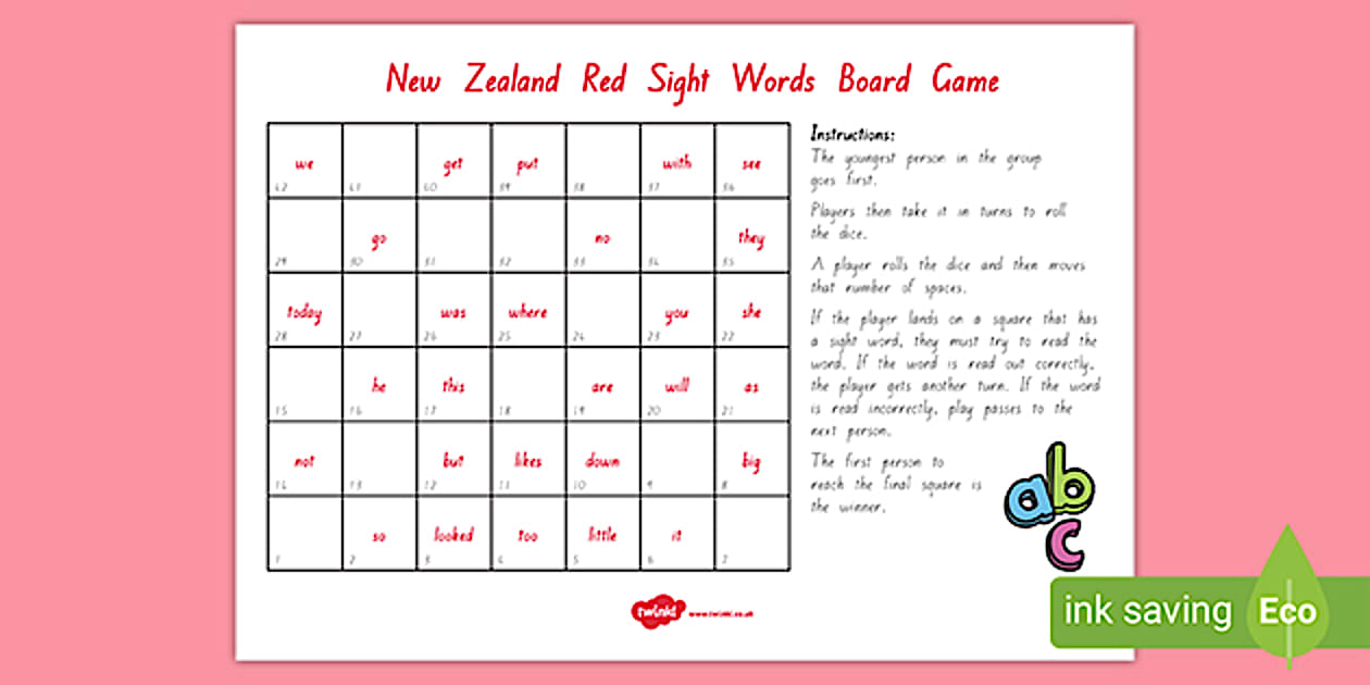 New Zealand Red Sight Words Board Game - Twinkl