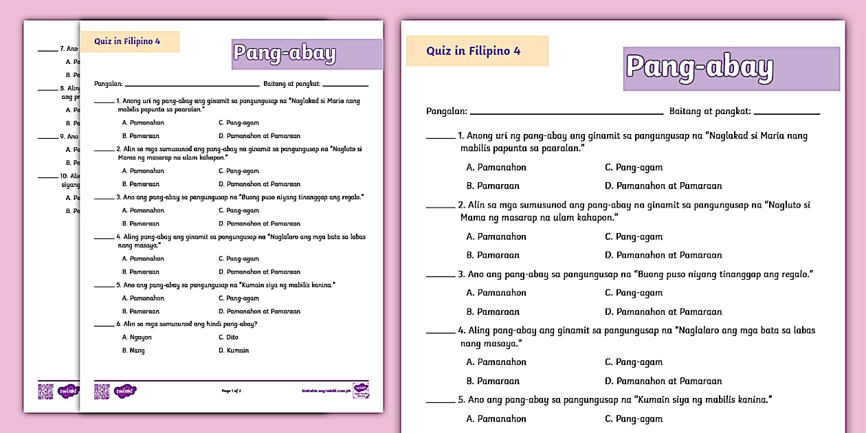 Grade 4 Filipino Quiz - Pang-abay (teacher made) - Twinkl
