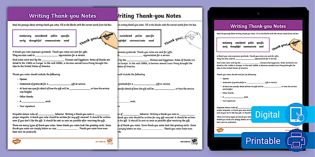 Fourth Grade Writing Thank-you Notes Cloze Reading Worksheet