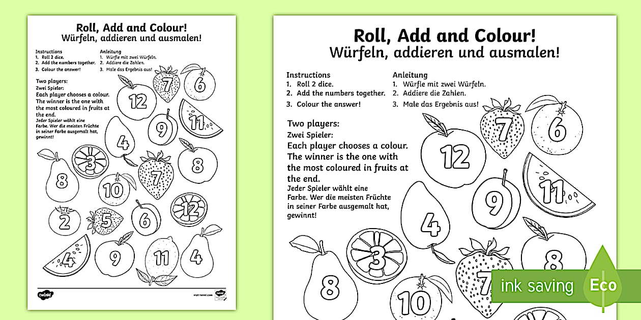 Fruit Roll and Colour Dice Addition Activity English/German
