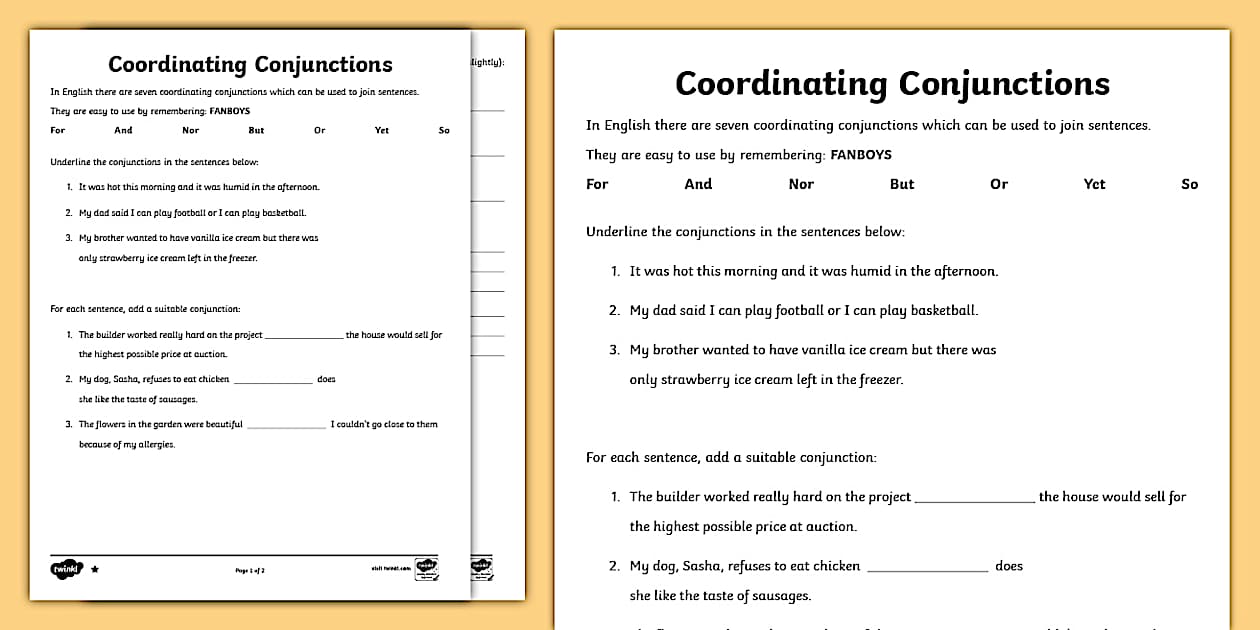 Coordinating Conjunctions Worksheet for 6th-8th Grade